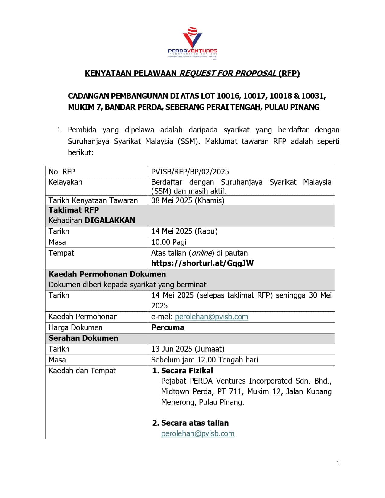 KENYATAAN SEBUT HARGA/TENDER/RFP - PERDA Ventures Incorporated Sdn Bhd (PVI)